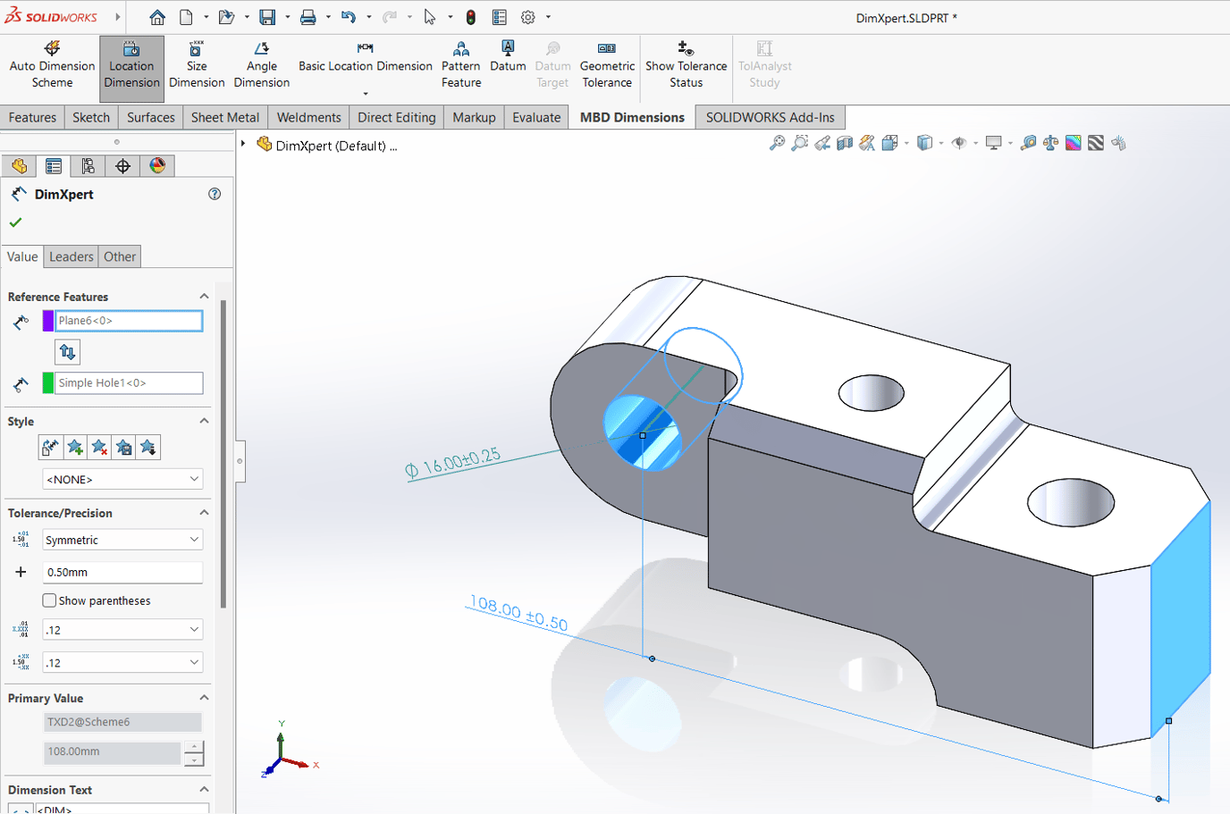 Kaip naudotis SOLIDWORKS DimXpert įrankiu